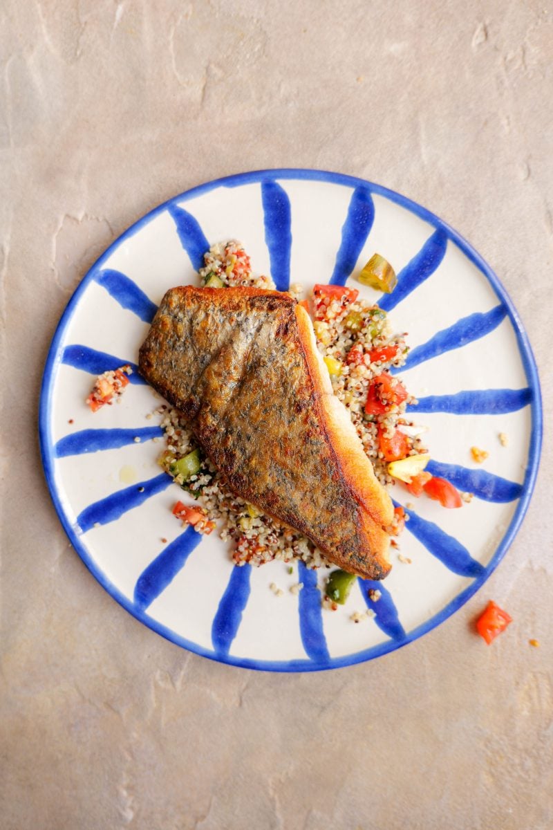 Crispy Skin Fish with Garlic Chips and Herby Green Sauce - Daen's Kitchen