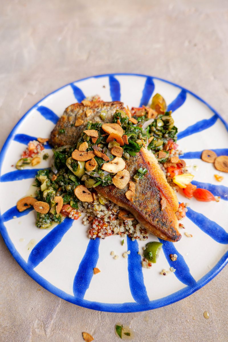 Crispy Skin Fish with Garlic Chips and Herby Green Sauce - Daen's Kitchen