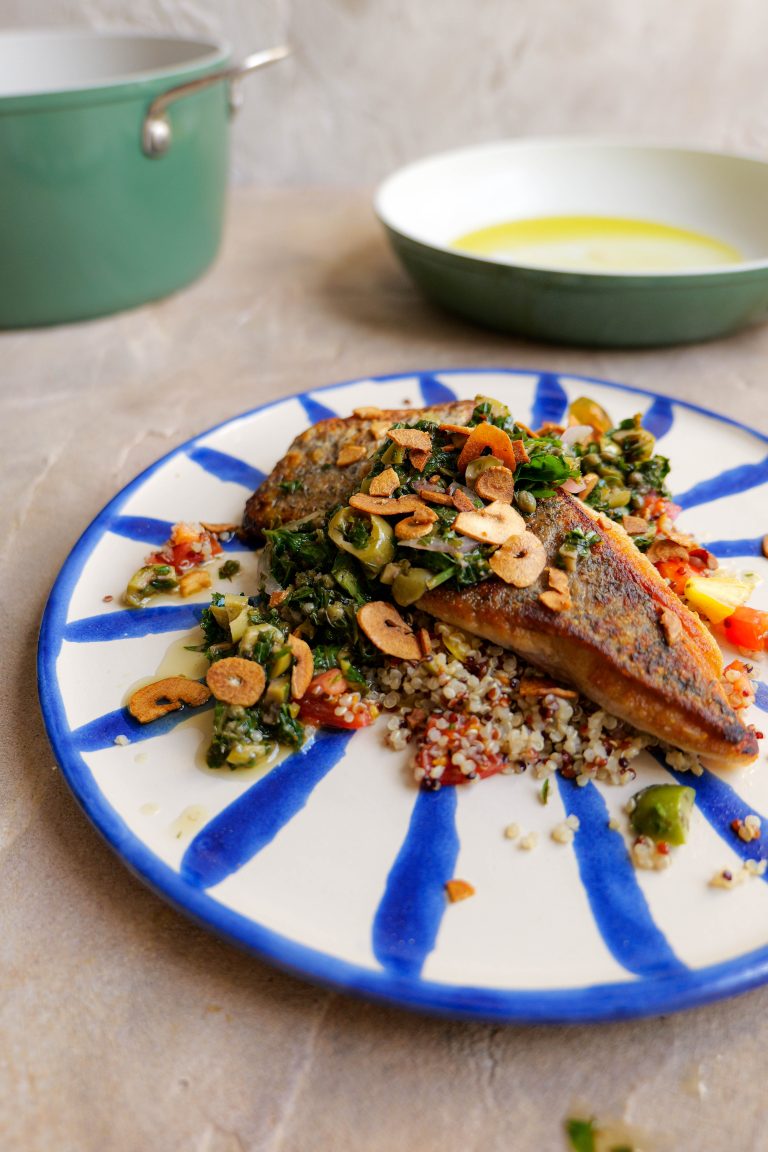 Crispy Skin Fish with Garlic Chips and Herby Green Sauce - Daen's Kitchen