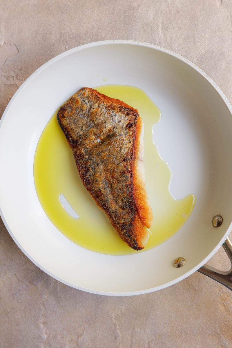 Crispy Skin Fish with Garlic Chips and Herby Green Sauce - Daen's Kitchen