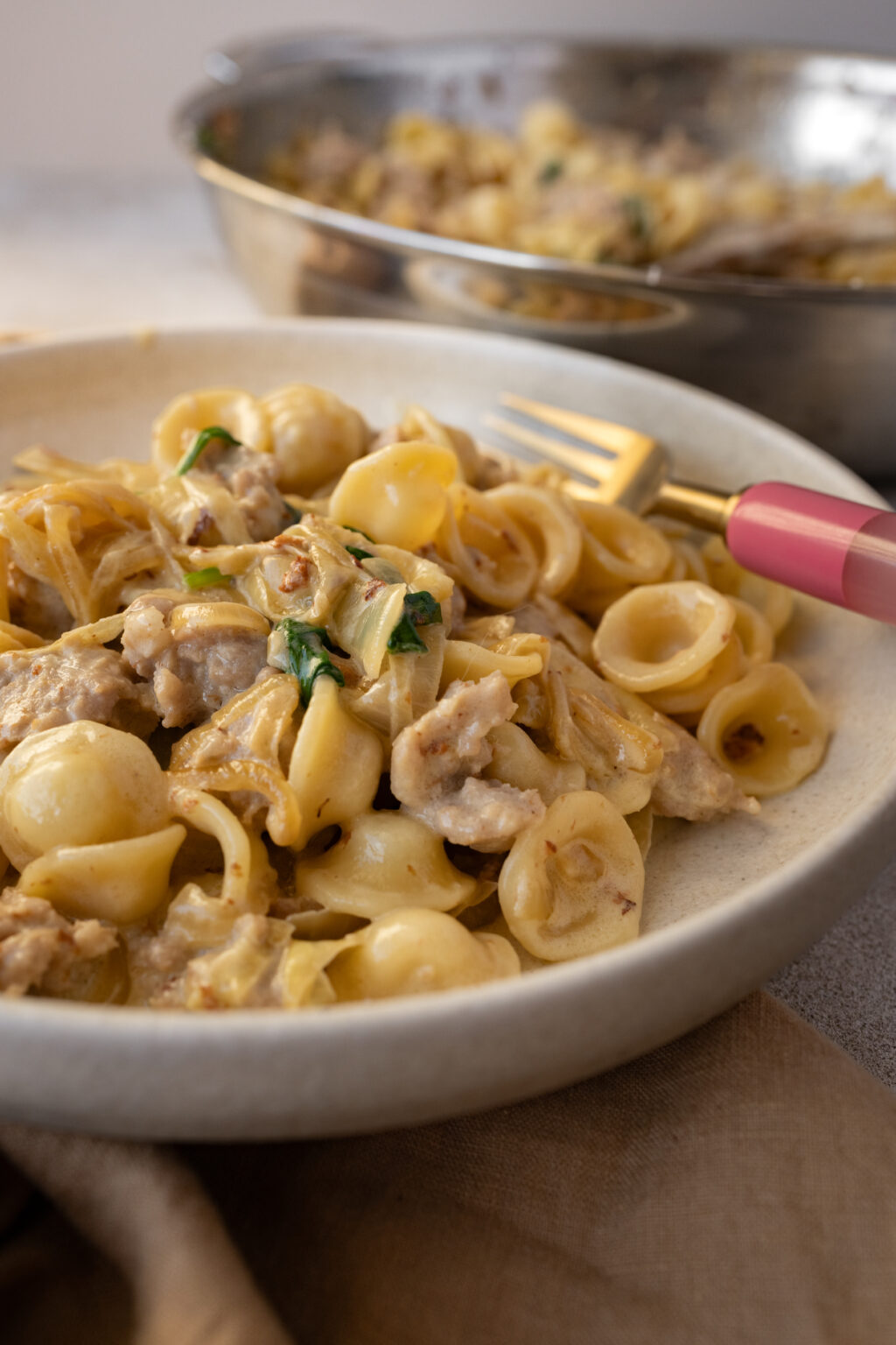 Caramelised Onion & Italian Sausage Orecchiette Pasta - Daen's Kitchen
