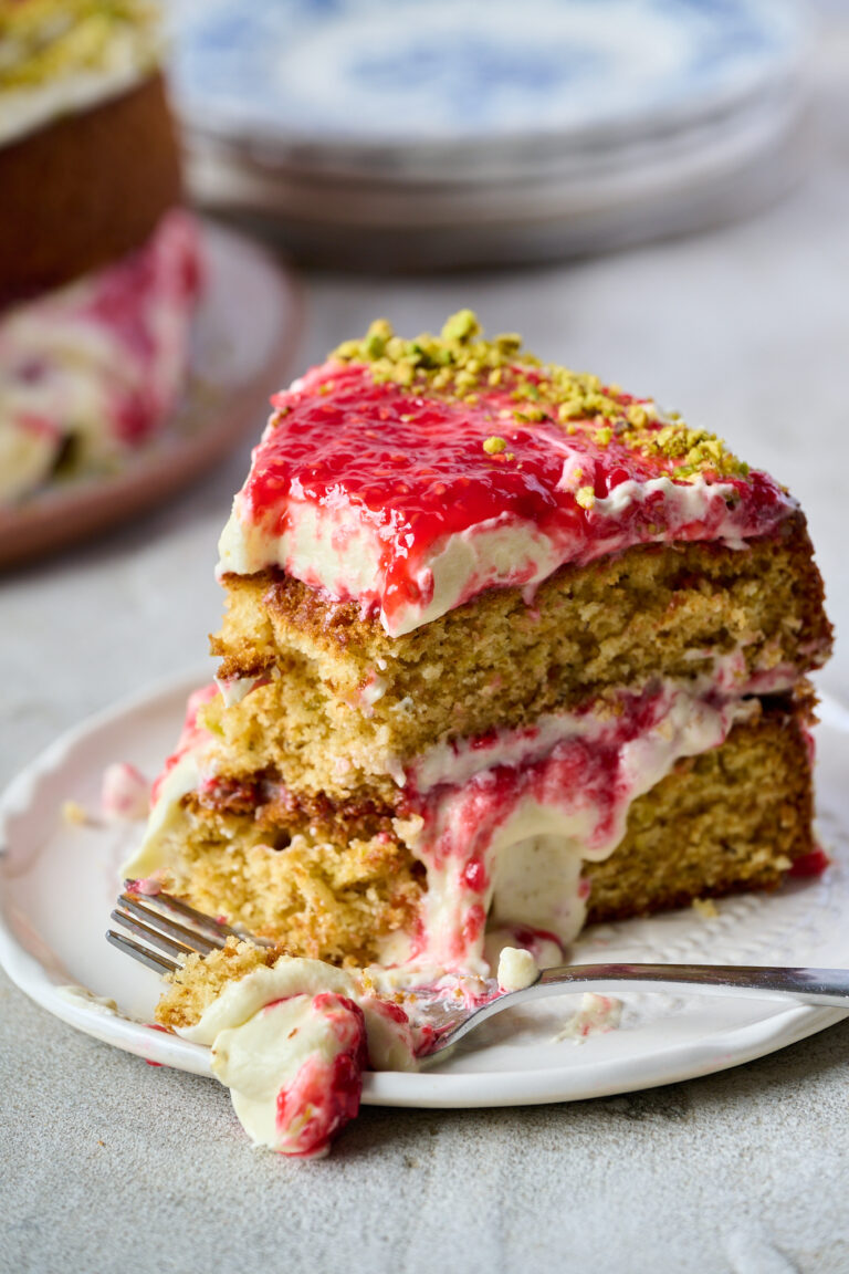 White Chocolate, Pistachio & Raspberry Olive Oil Cake - Daen's Kitchen
